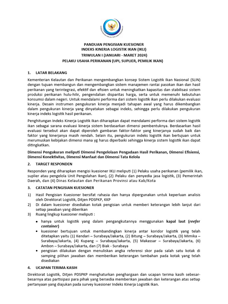 KUESIONER INDEKS KINERJA LOGISTIK IKAN (IKLI) 2023 Pelaku Usaha ...