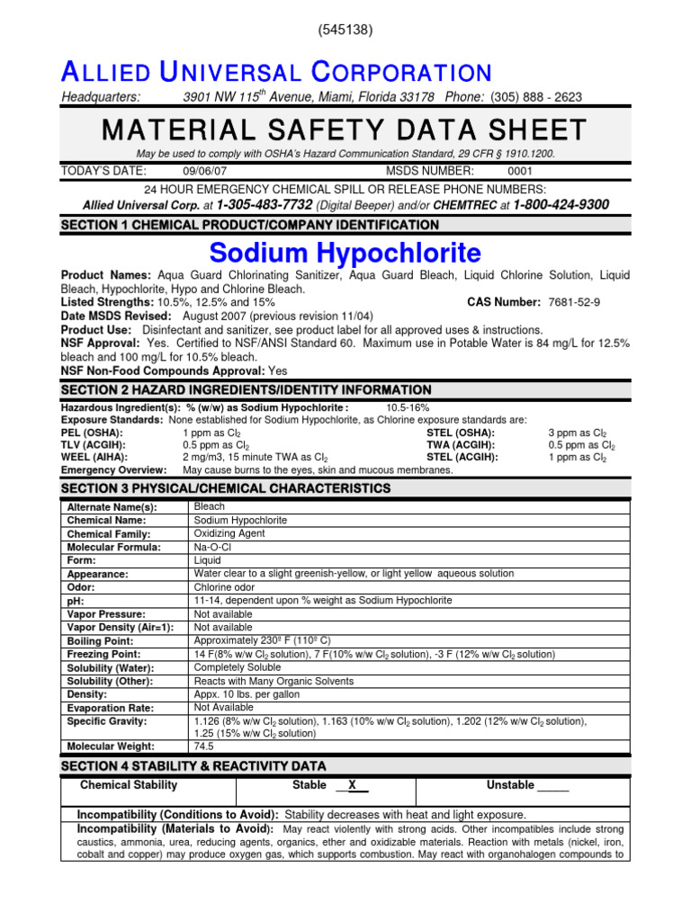 MSDS BAYCLEAN | Download Free PDF | Chlorine | Chemistry