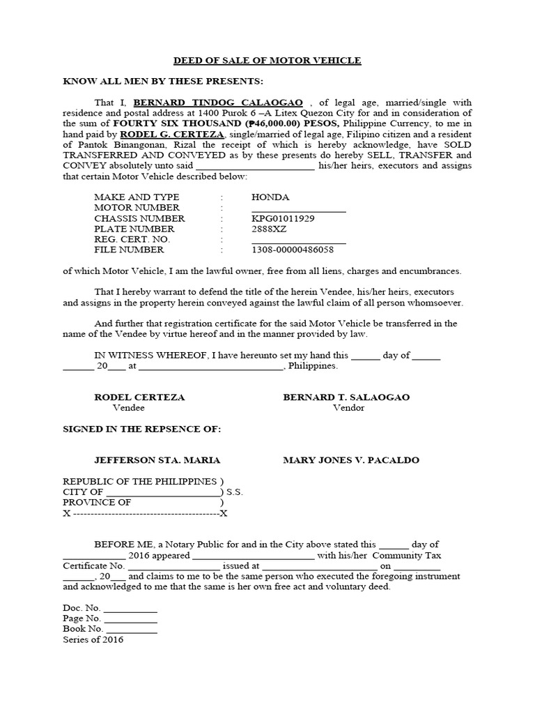 Deed of Sale of Motor Vehicle | PDF | Deed | Property Law