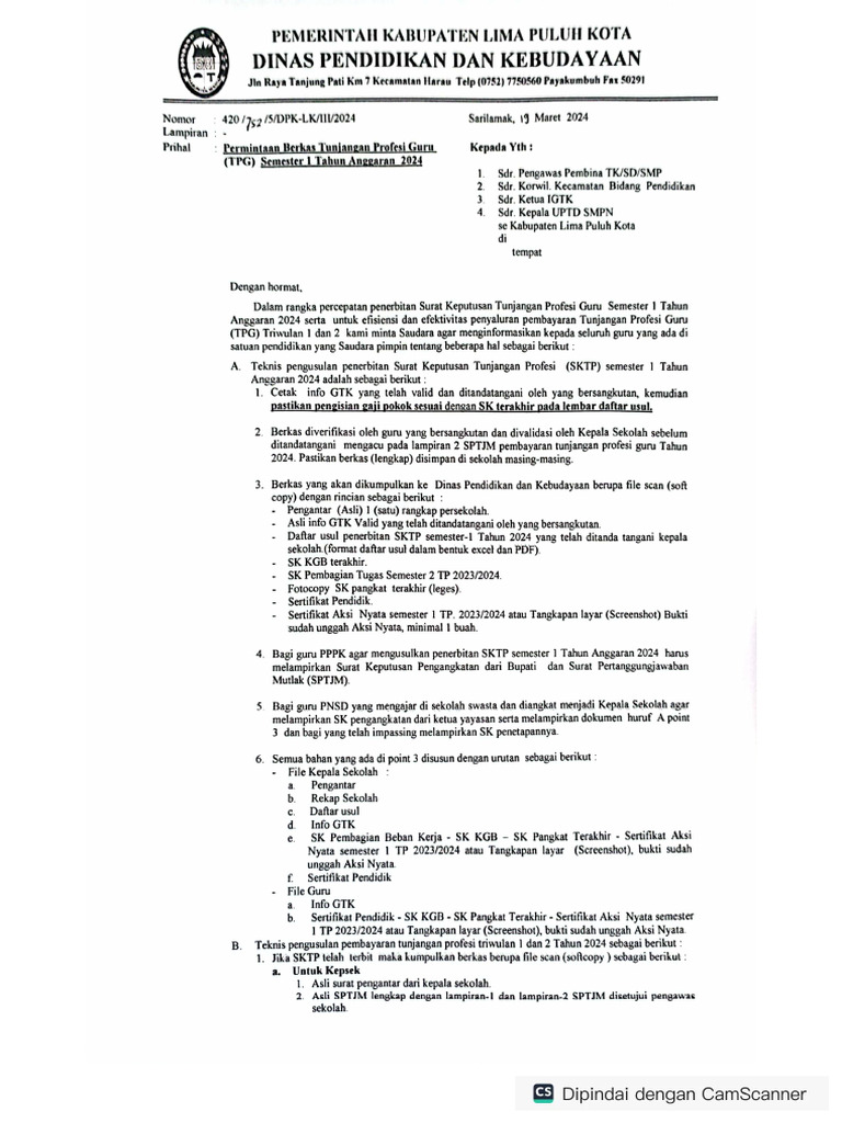 Surat Permintaan Brkas TPG | PDF