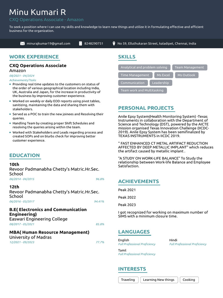 Minu's Resume | PDF | Business