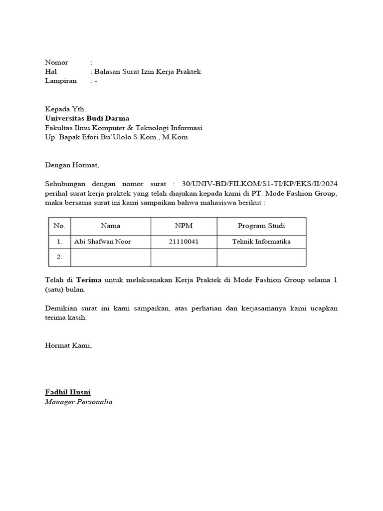 Surat Balasan Magang Mahasiswa | PDF Surat Balasan Magang Mahasiswa | PDF