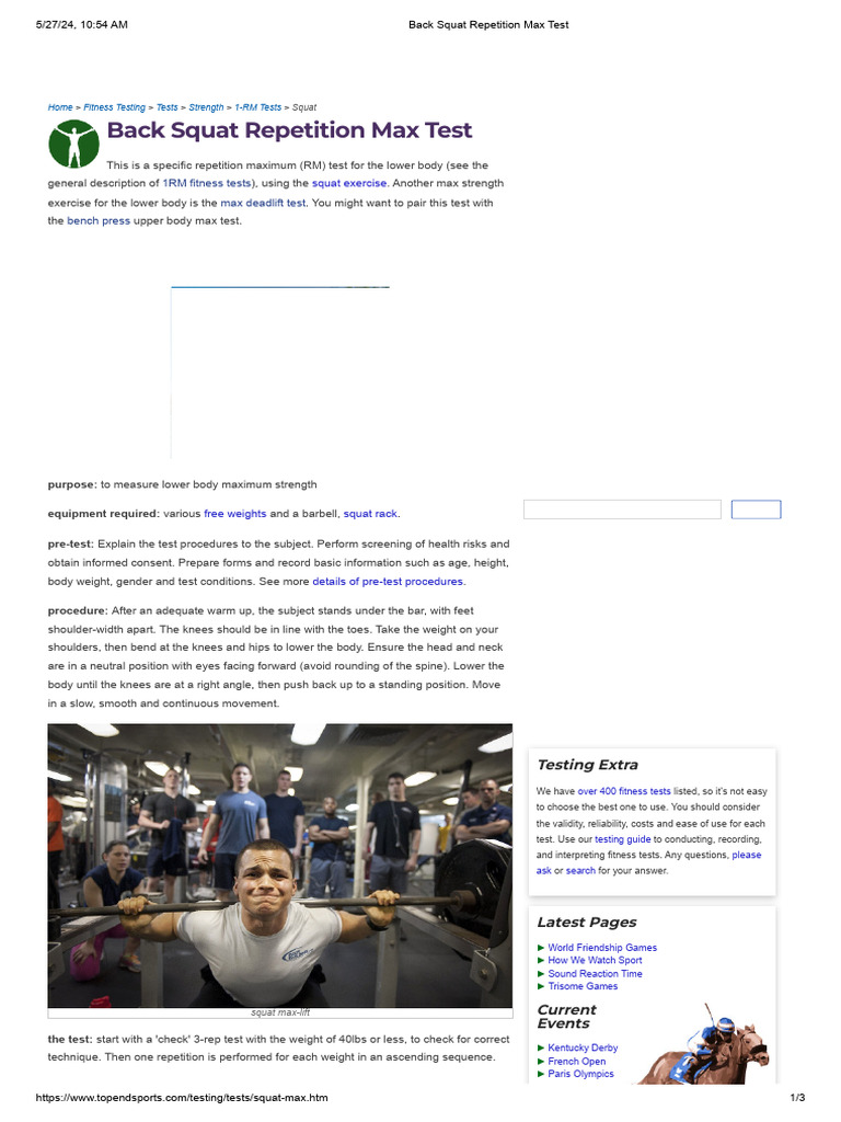 Back Squat Repetition Max Test | PDF | Weight Training | Physical Exercise