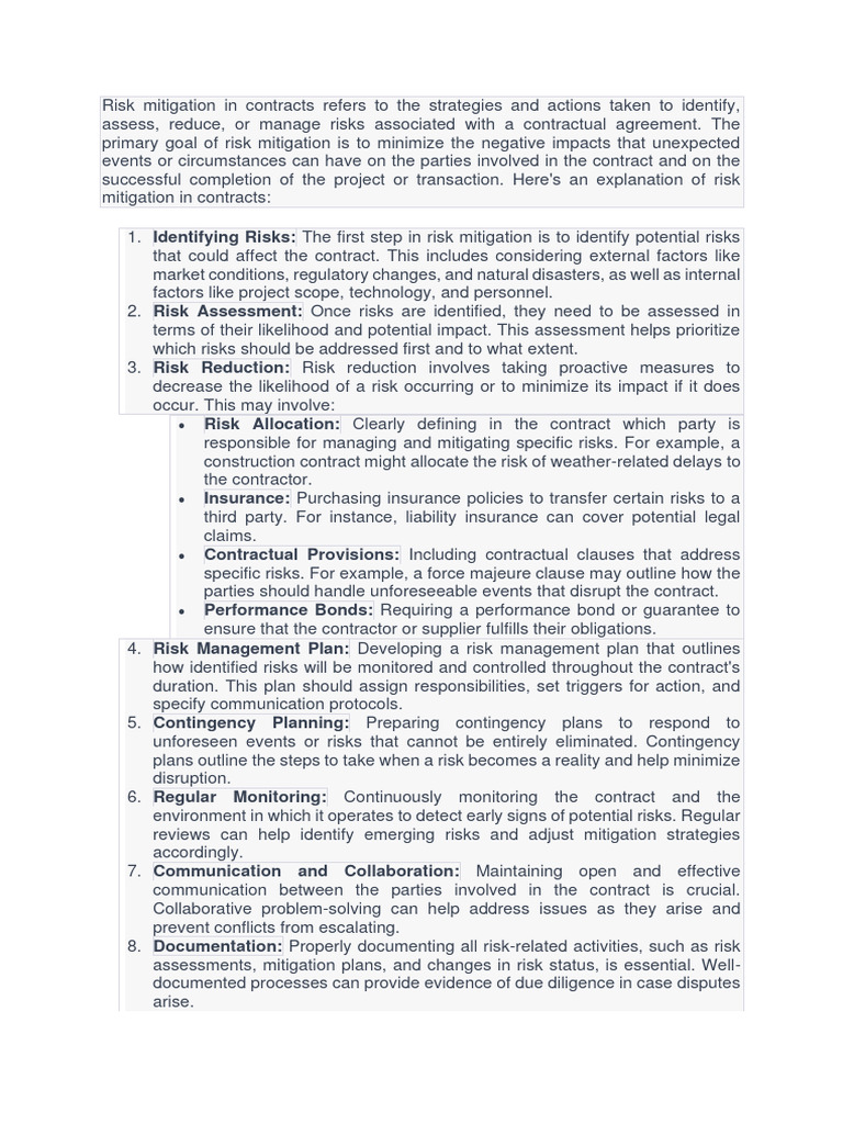 Risk Mitigation in Contracts | PDF | Risk Management | Risk