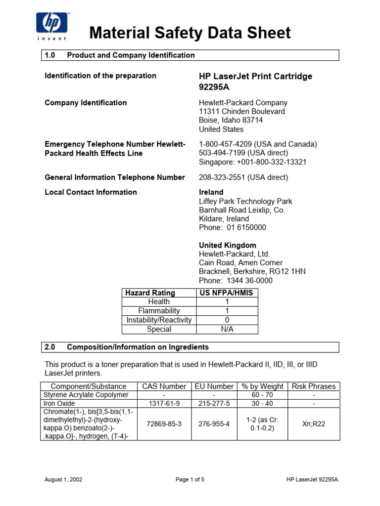 MSDS TINTA LASERJET HP | PDF | Toxicity | Water