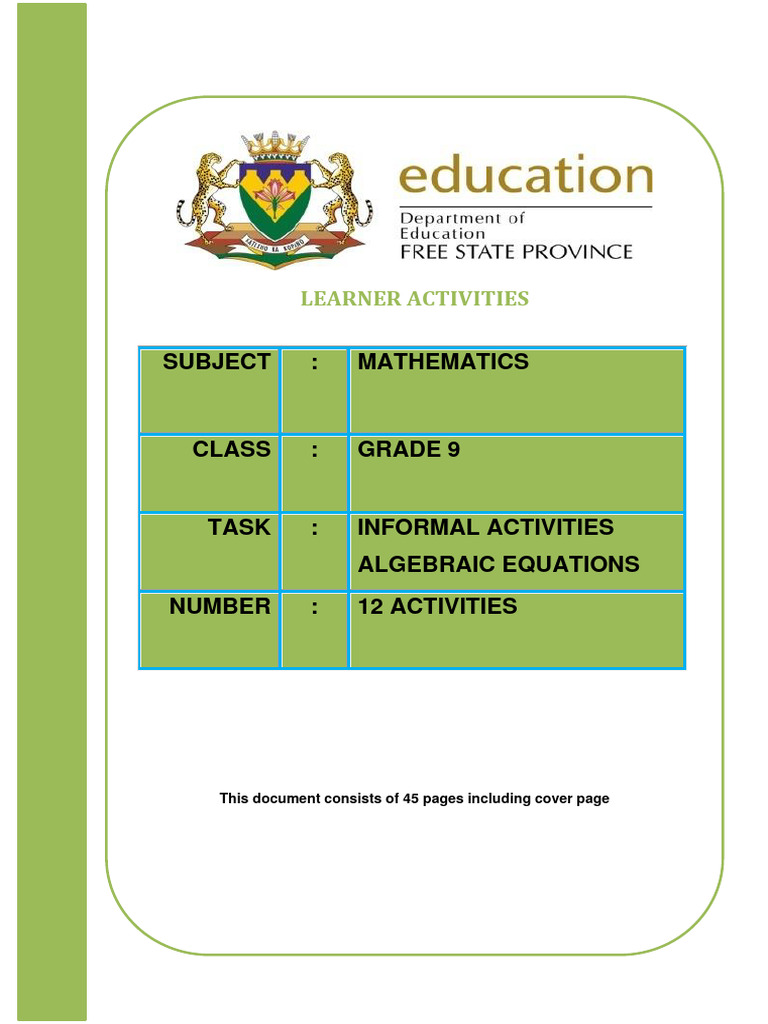 Grade 9 Informal Activities for Algebraic Equations Learner Copy | Download Free PDF | Equations ...