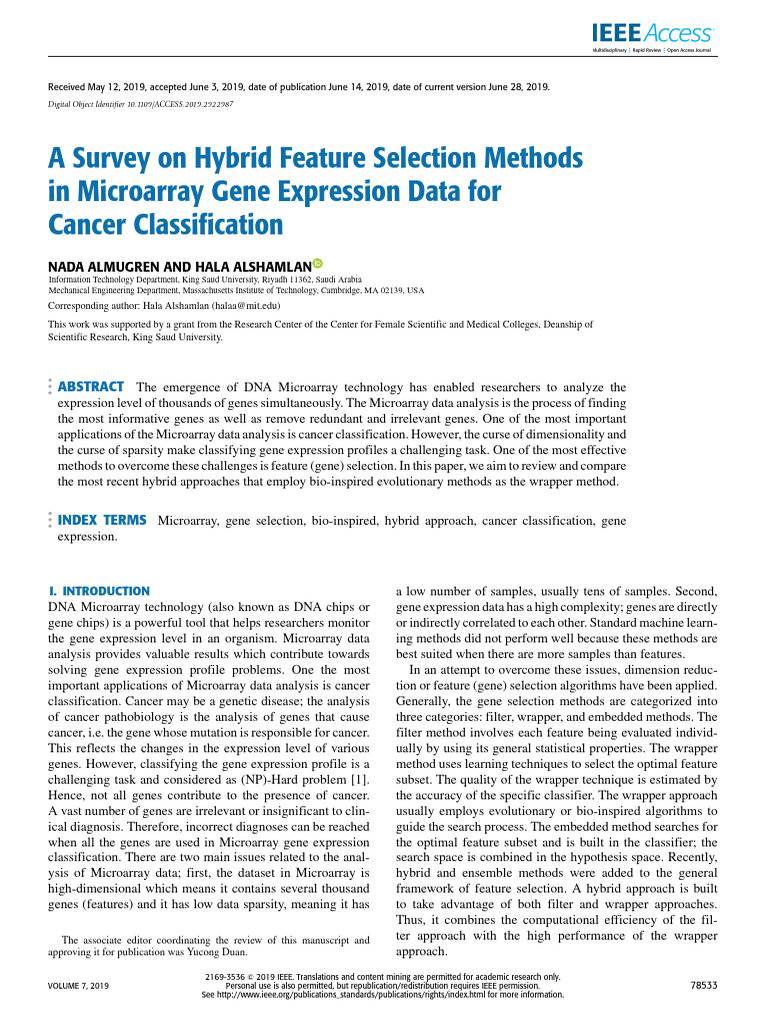 Almugren, Alshamlan - 2019 - A Survey On Hybrid Feature Selection Methods in Microarray Gene ...