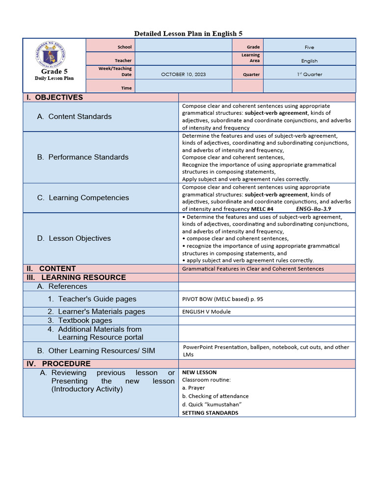 Detailed Lesson Plan in English 5 | Download Free PDF | Adverb | Verb