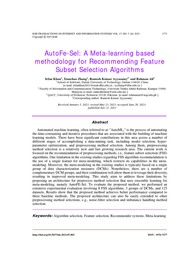 Khan Et Al. - 2023 - AutoFe-Sel A Meta-Learning Based Methodology For Recommending Feature ...