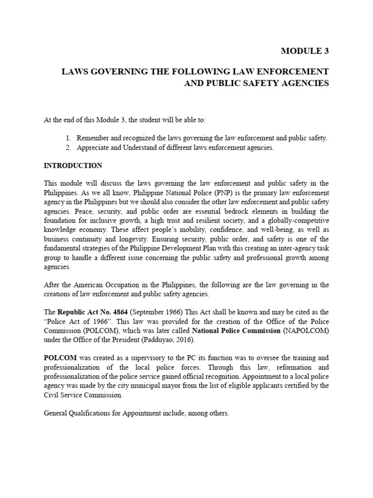 MODULE 3 Laws Governing Various Law Enforcement Agency 1 | PDF | Public ...