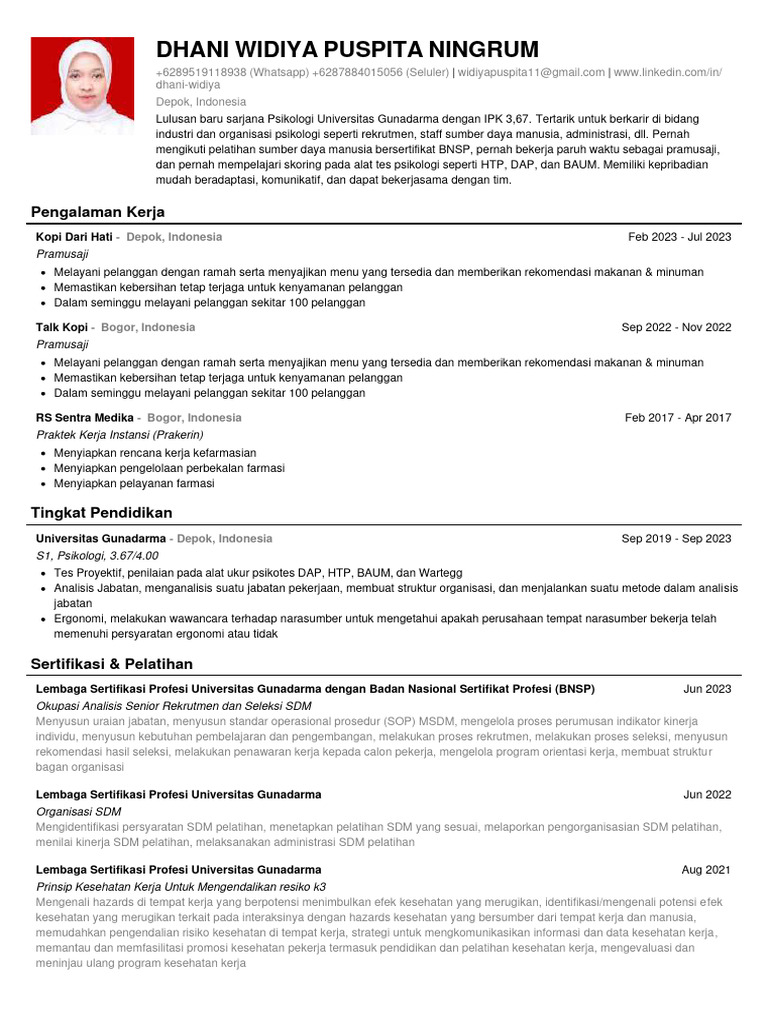 CV - Dhani Widiya Puspita Ningrum | PDF | Karier & Perkembangan