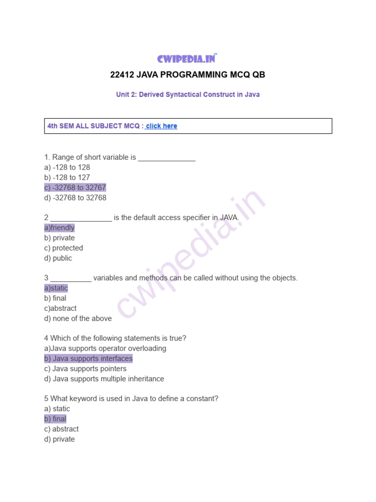 Java Programming MCQ Quiz 4th Sem | PDF | Method (Computer Programming ...