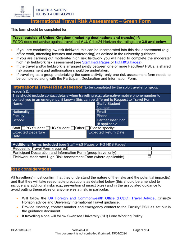 International Travel Risk Assessment Form | PDF | Insurance | Risk