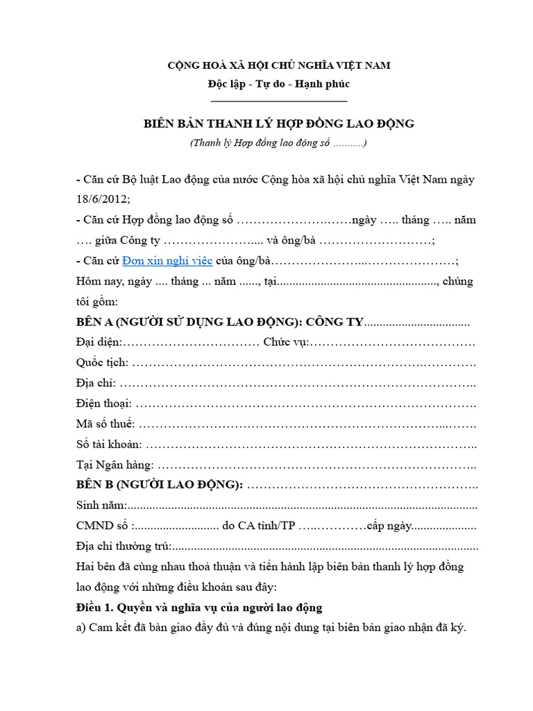 Mau Bien Ban Thanh Ly Hop Dong Lao Dong - 2611084146 | PDF