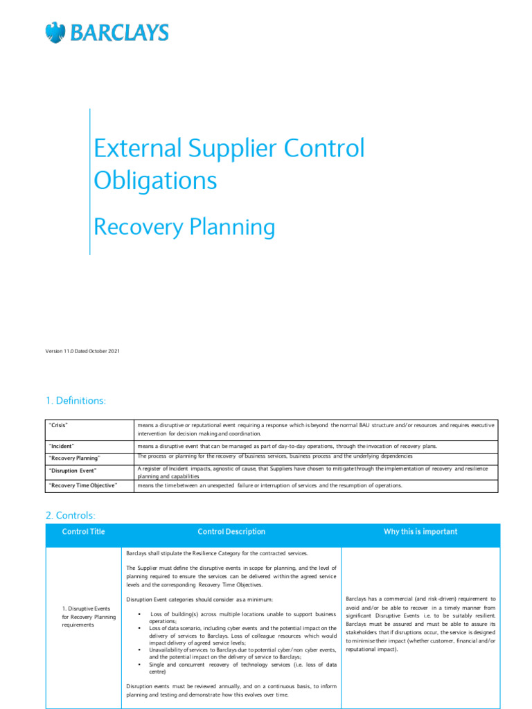 Supplier Recovery Planning Obligations | PDF | Disaster Recovery | Business