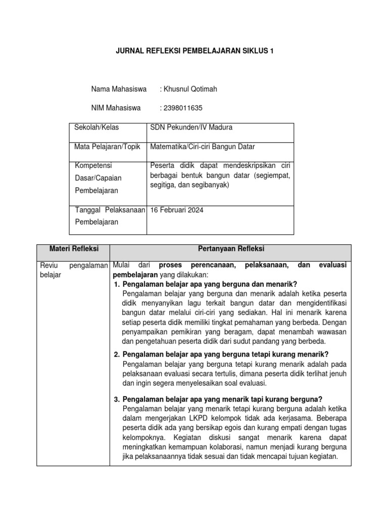 Topik 4 - Jurnal Refleksi Pembelajaran Siklus 1 - Khusnul Qotimah | PDF