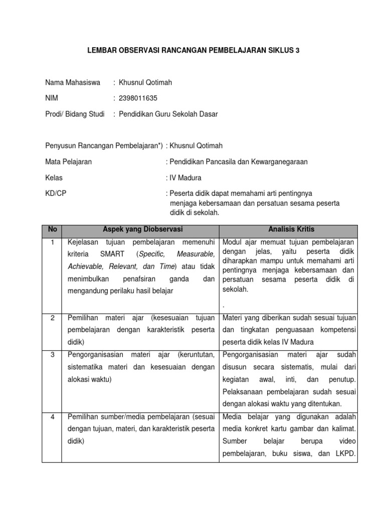 Lembar Observasi Rancangan Pembelajaran Siklus 3 - Khusnul Qotimah | PDF