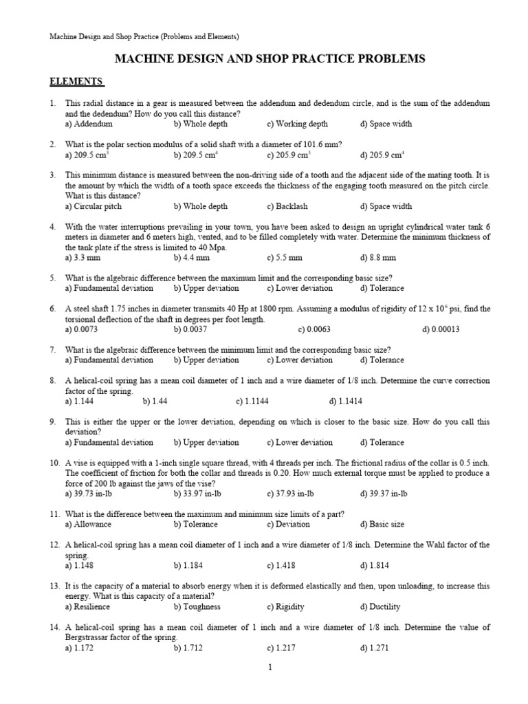 MACHIINE DESIGN AND SHOP PRACTICE (Questionnaire) | PDF | Gear | Belt ...