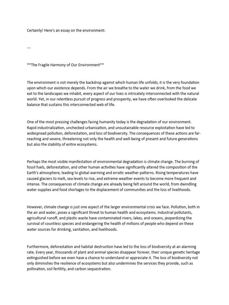 Environment Essay | PDF | Natural Environment | Climate Change