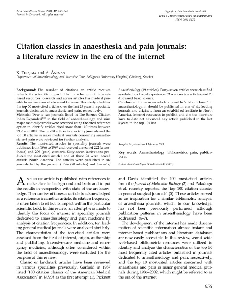 Citation Classics in Anaesthesia and Pain Journals. Lit Review | PDF ...