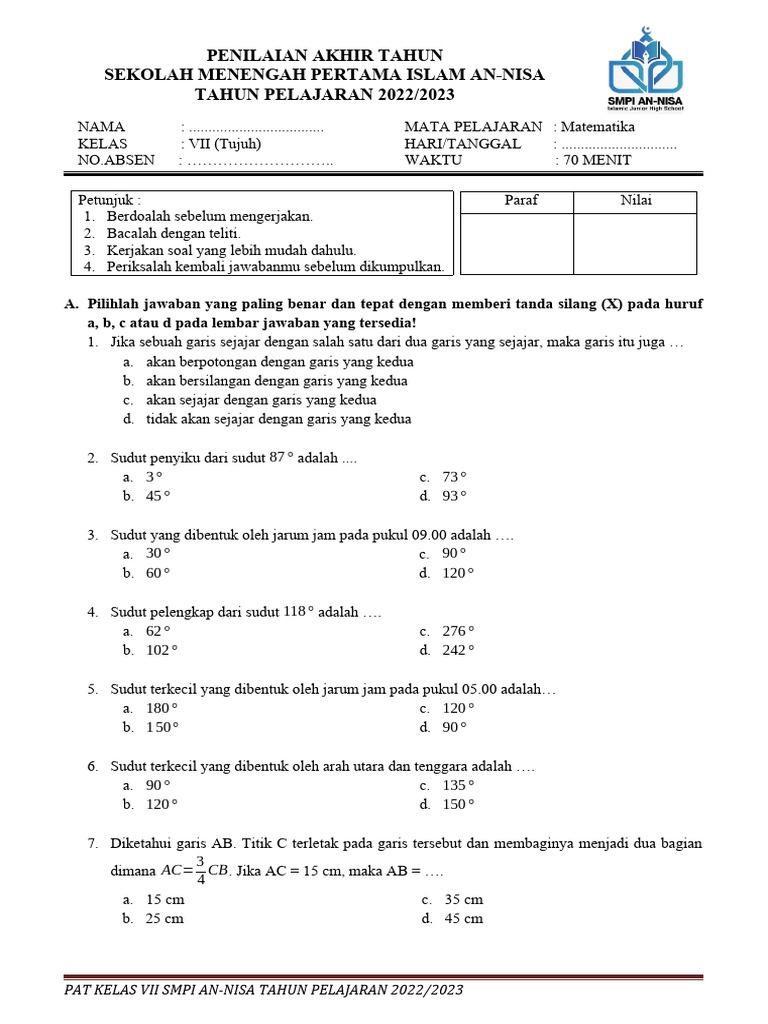 Soal PAT (50) MTK VII | PDF