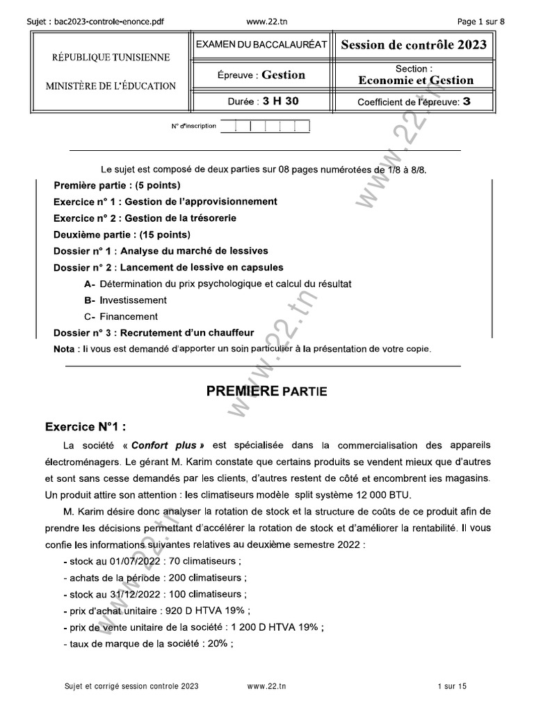 Bac 2023 Gestion Sujet Corrige Controle | PDF