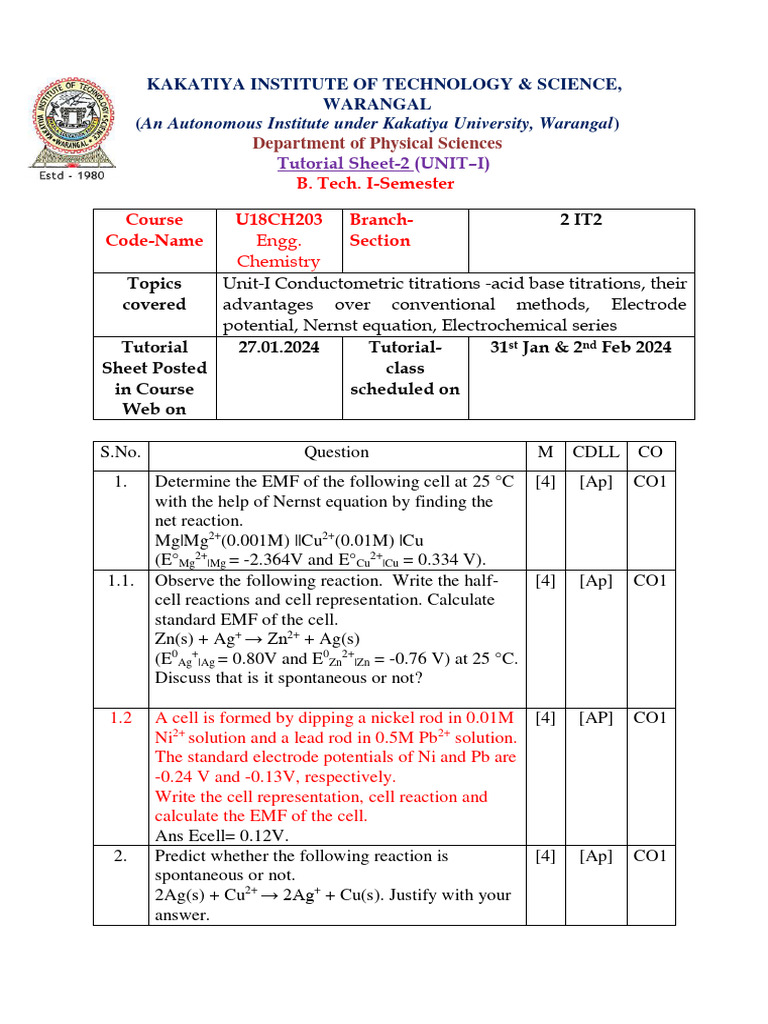 Ec Tutorial Sheet 2 Ii Sem 2023 24 Download Free Pdf Physical