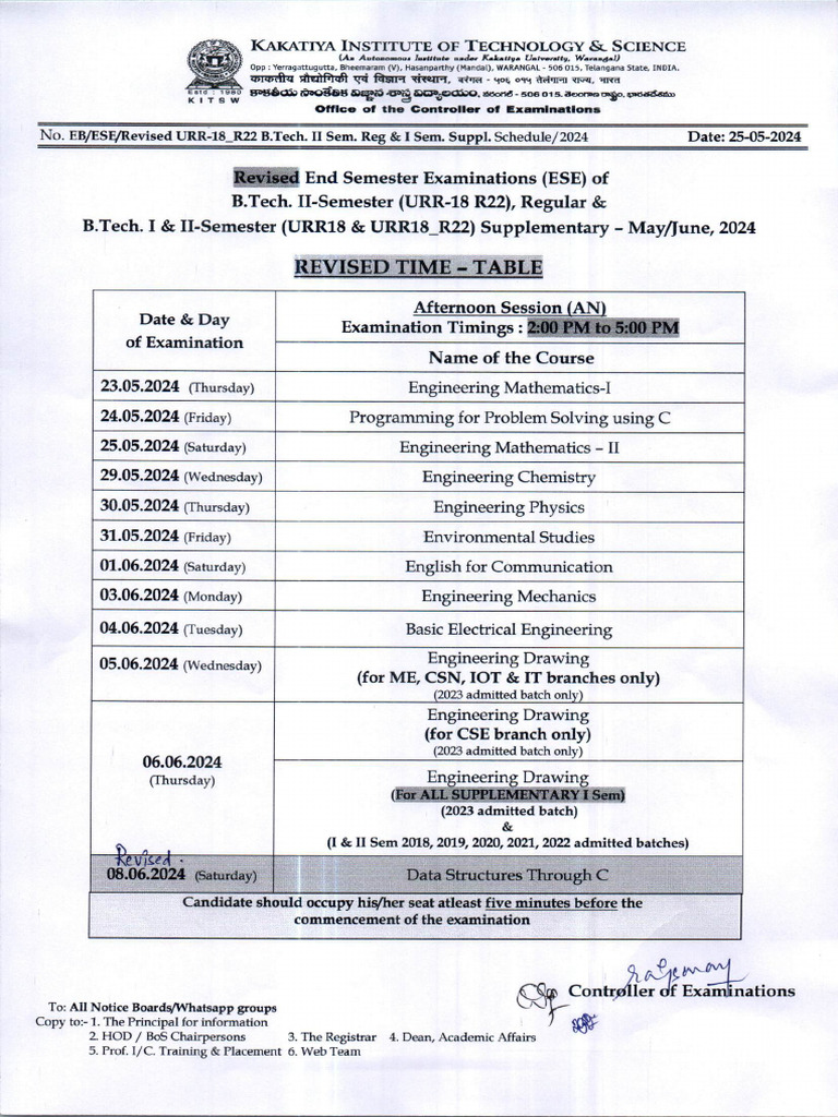 Revised ESE Time Table B.Tech II Semester | PDF