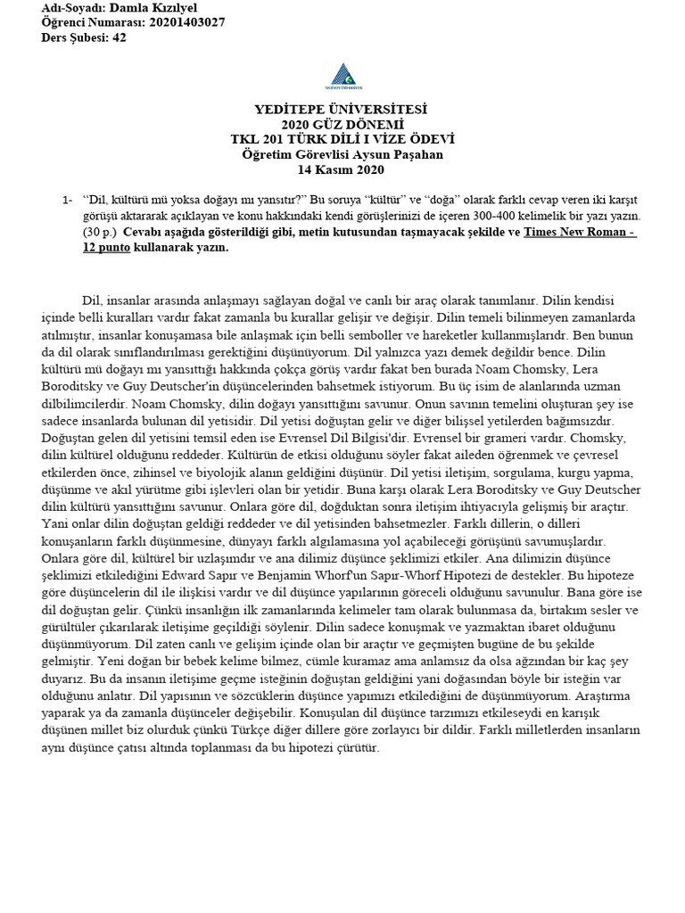 Turkish Language I Midterm | PDF