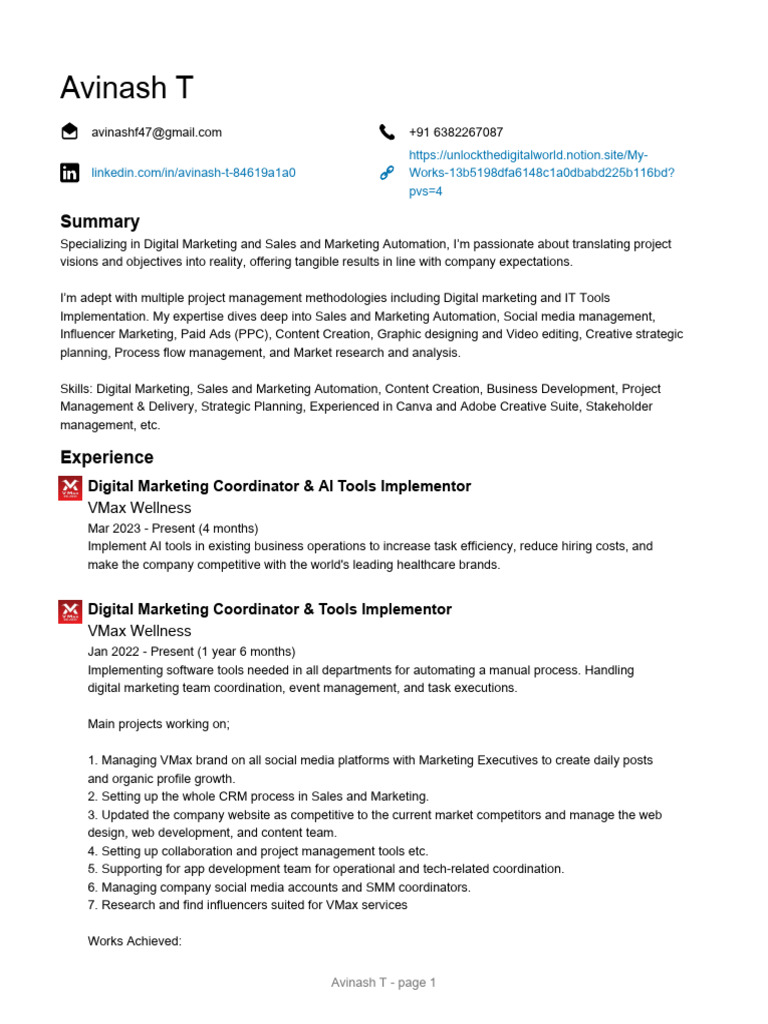 Detailed Resume Avinash T | PDF | Digital Marketing | Customer ... Detailed Resume Avinash T | PDF | Digital Marketing | Customer ...