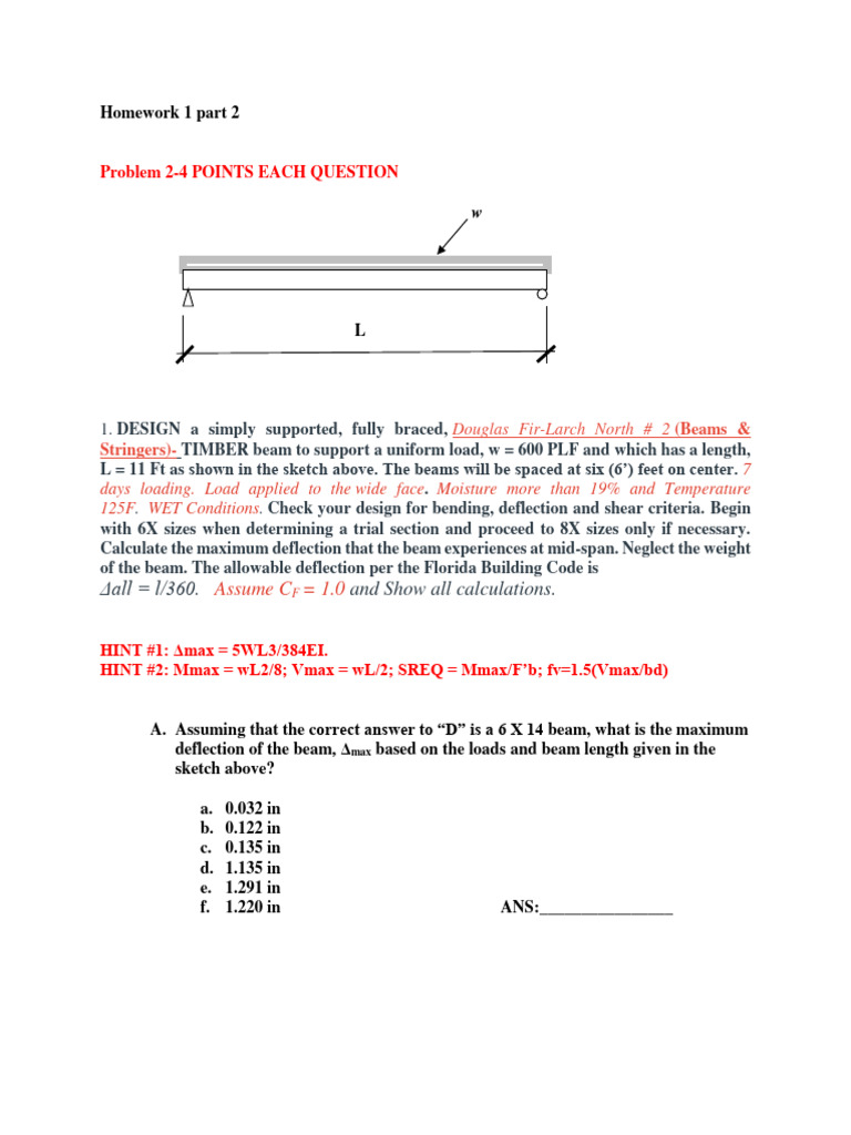 Problem 2-4 Points Each Question: Δall = l/360. and Show all calculations | PDF | Beam ...