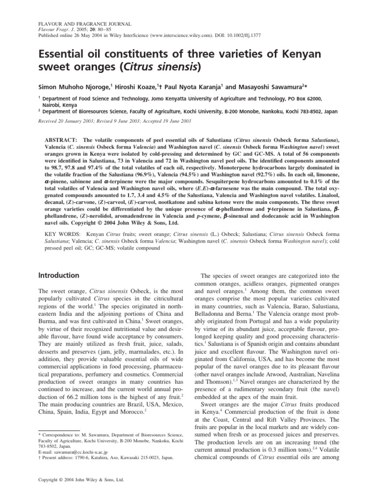 Essential Oil Constituents of Three Varieties of Kenyan Sweet Oranges ...