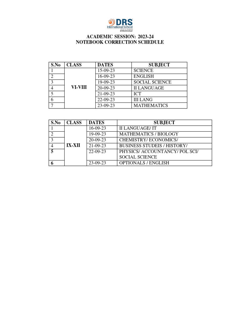 Notebook Correction Schedule Vi-Xii | PDF | Science & Mathematics