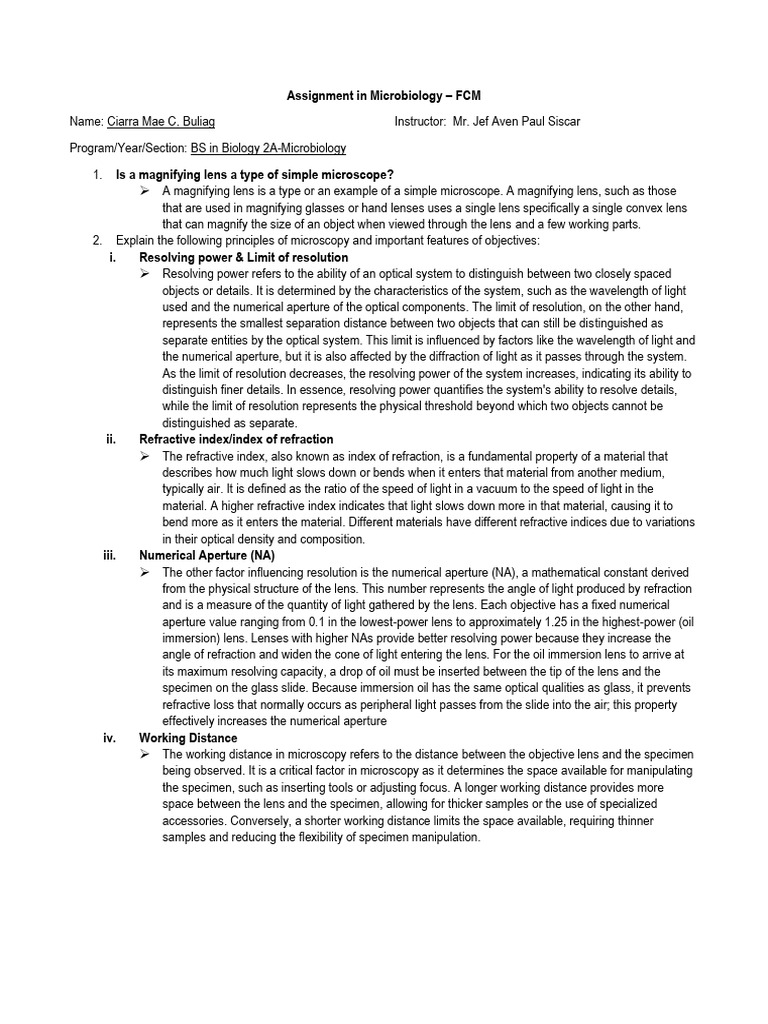 Assignment in Microbiology | PDF | Microscopy | Angular Resolution
