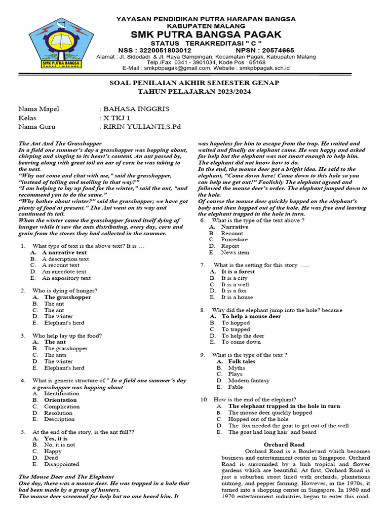 Soal Pas Genap Bing X 2024 | PDF | Bali