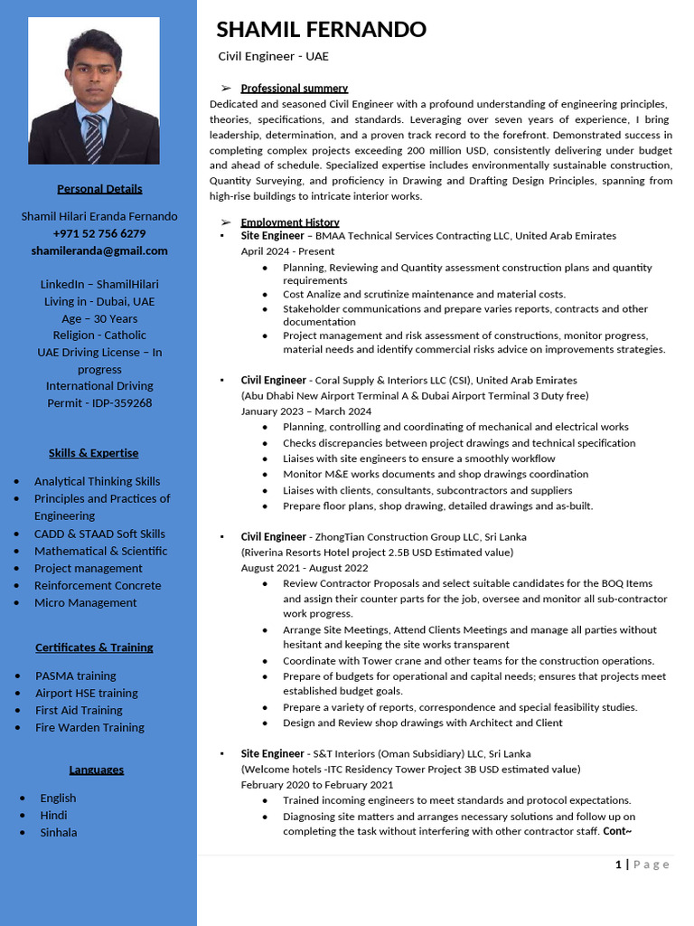 AAA Shamil Fernando - Civil Engineer CV | PDF | United Arab Emirates ...