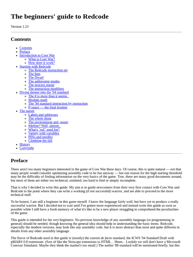 The Beginners' Guide To Redcode, v1.23 | PDF | Computing | Computer Programming