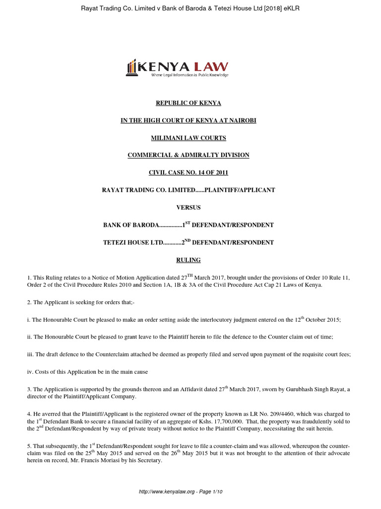 Kenyan Court Case: Rayat vs. Bank | PDF | Default Judgment | Judgment (Law)