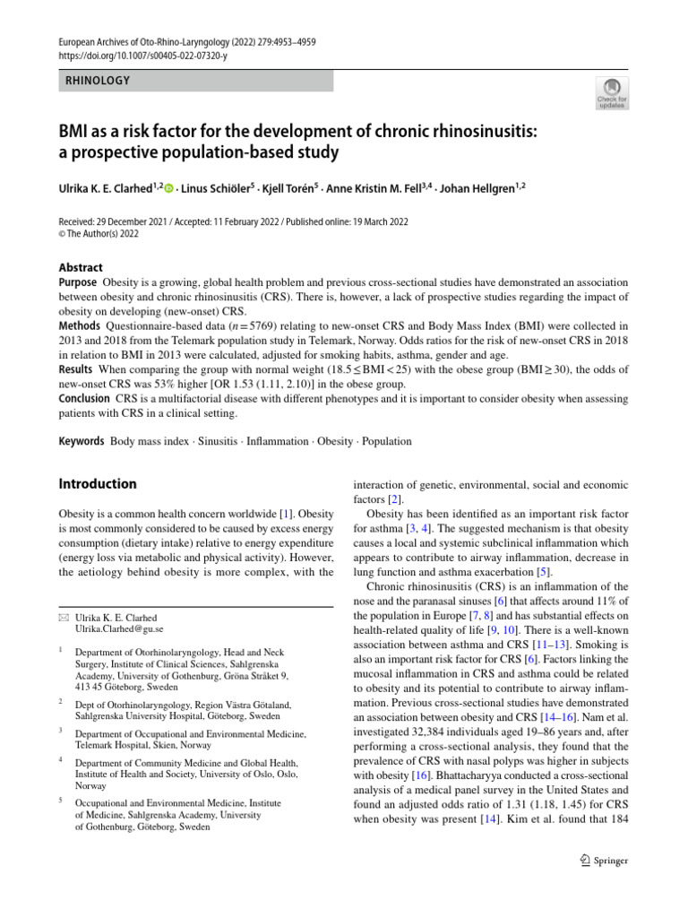 BMI As A Risk Factor For The Development of Chronic Rhinosinusitis: A Prospective Population ...