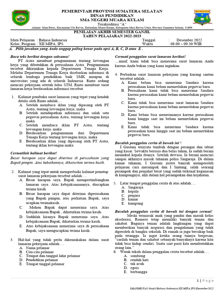 Soal Pas Ganjil 2022 Kelas Xii Ipa Ips | PDF