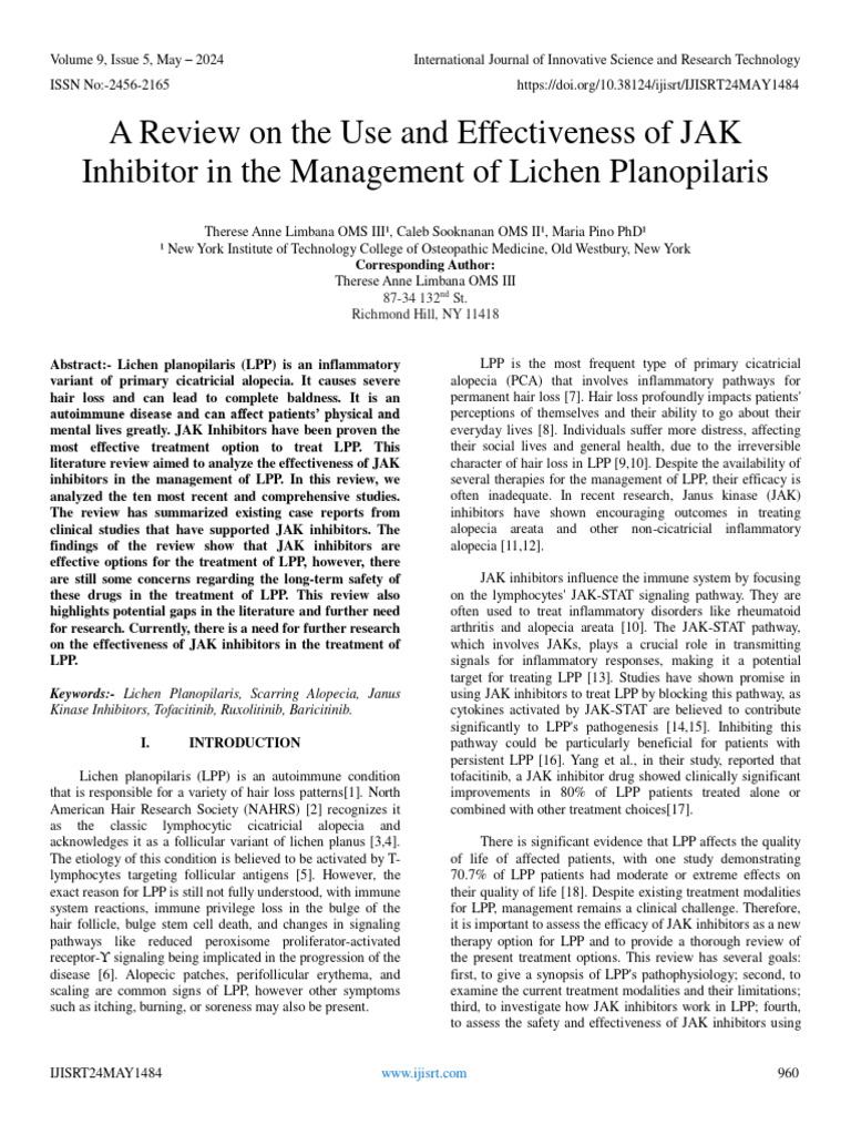 A Review On The Use and Effectiveness of JAK Inhibitor in The Management of Lichen Planopilaris ...