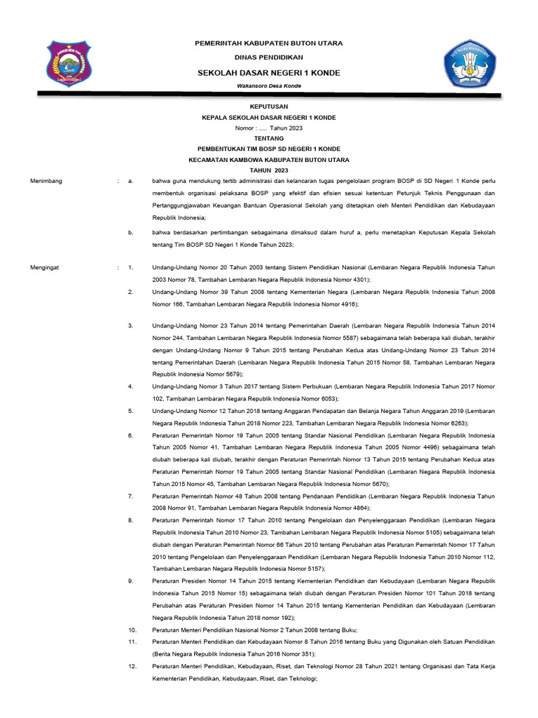 Pembentukan Tim BOSP SDN 1 Konde 2023 | PDF