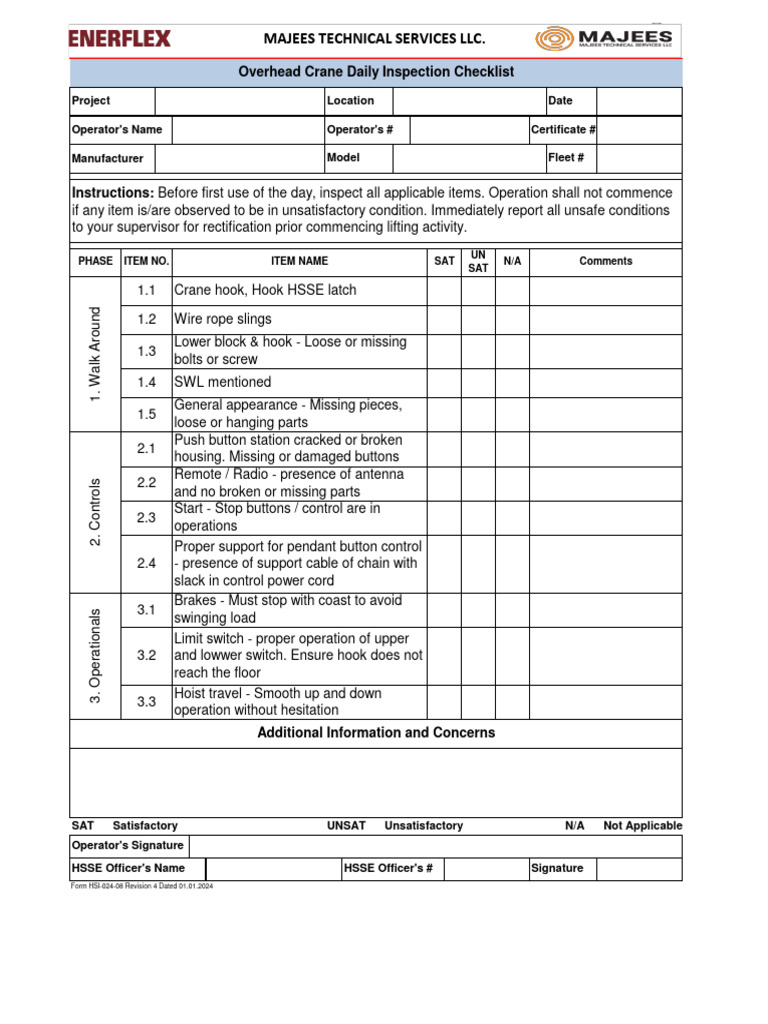 Overhead Crane Daily Inspection Checklist | PDF | Crane (Machine ...