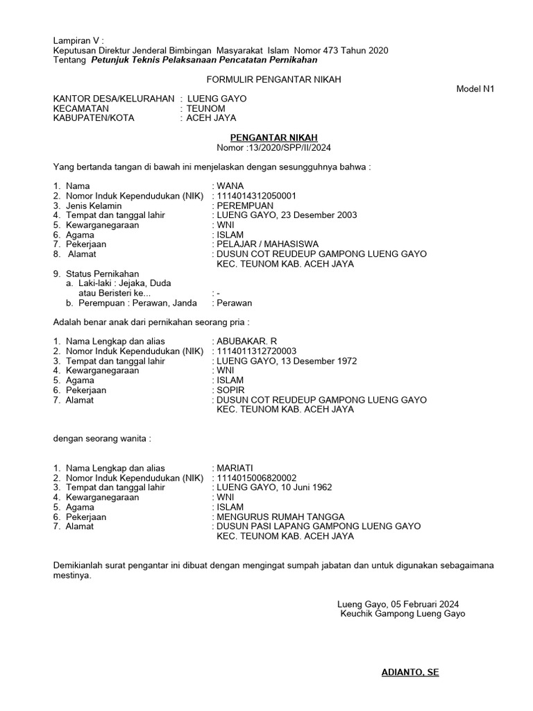 Blangko Nikah Terbaru-Kep. Dirjen Bimas Nomor 473 Tahun 2020 | PDF