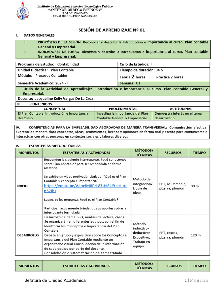 14-A. Sesión de Aprendizaje - Plan de Aprendizaje I-Ciclo | PDF ...