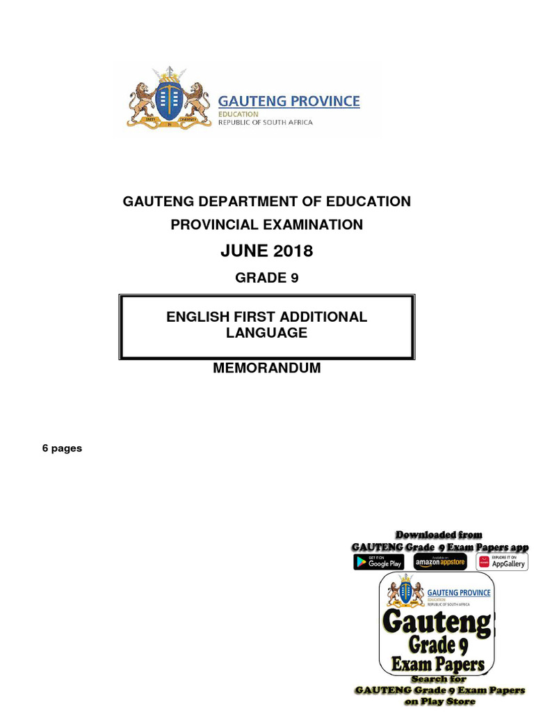 Grade 9 Provincial Exam English (FAL) June 2018 Possible Answers | PDF ...