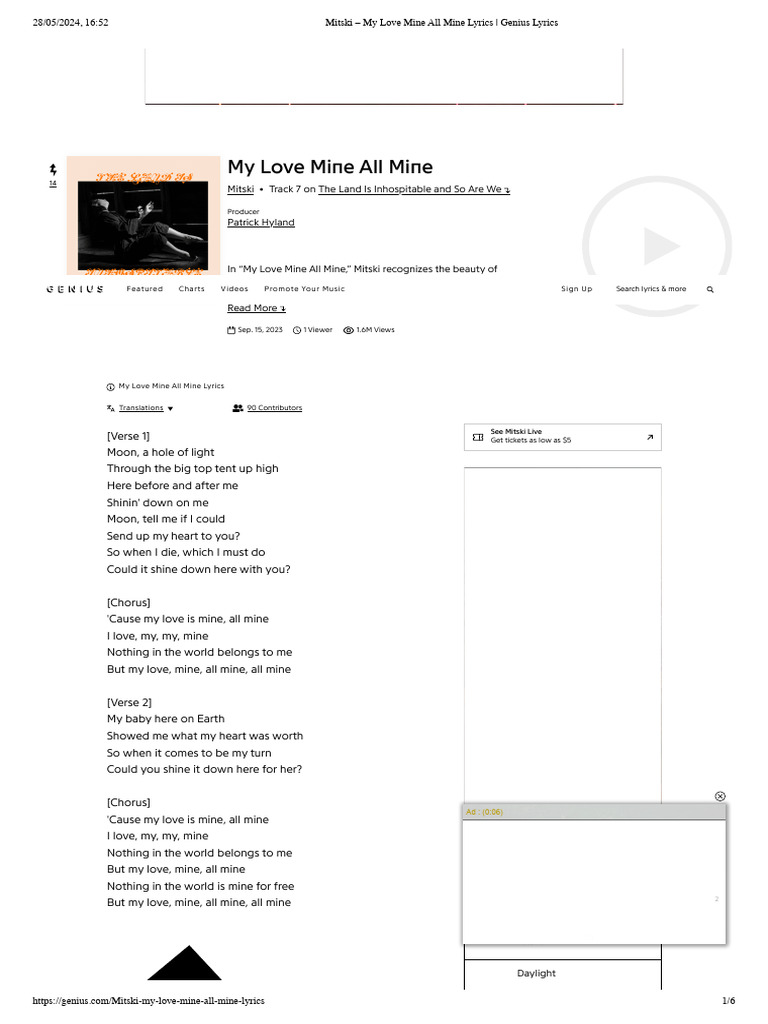 Mitski – My Love Mine All Mine Lyrics _ Genius Lyrics | Download Free PDF | Sound Recording | Songs