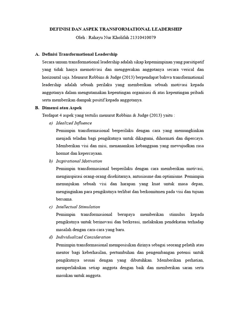 Definisi Dan Aspek Transformational Leadership | PDF