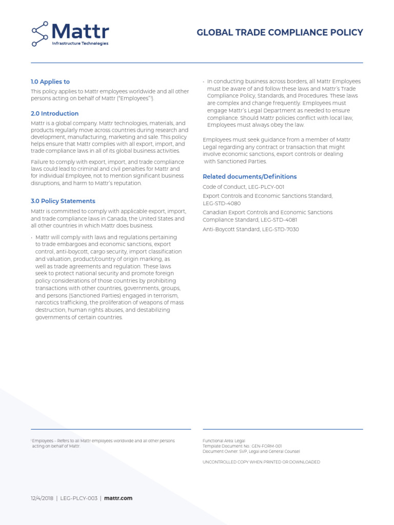 Global Compliance Policy | PDF | Regulatory Compliance | Trade