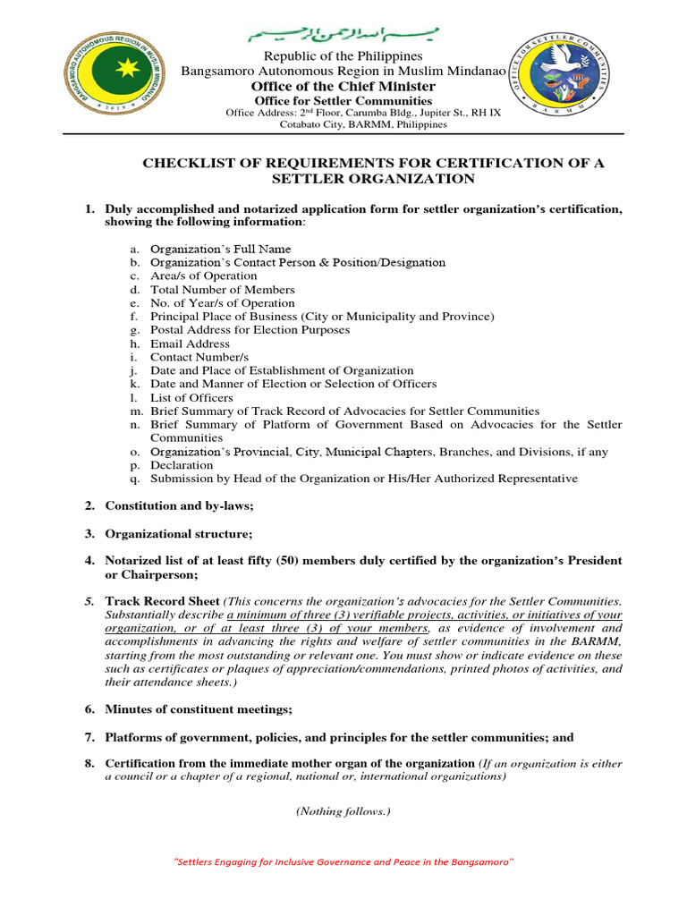 Checklist-of-Requirements-for-Certification-of Settler Organization-May ...